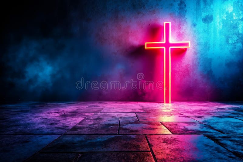 A Neon Cross in the Middle of a Dark Room Stock Image - Image of ...