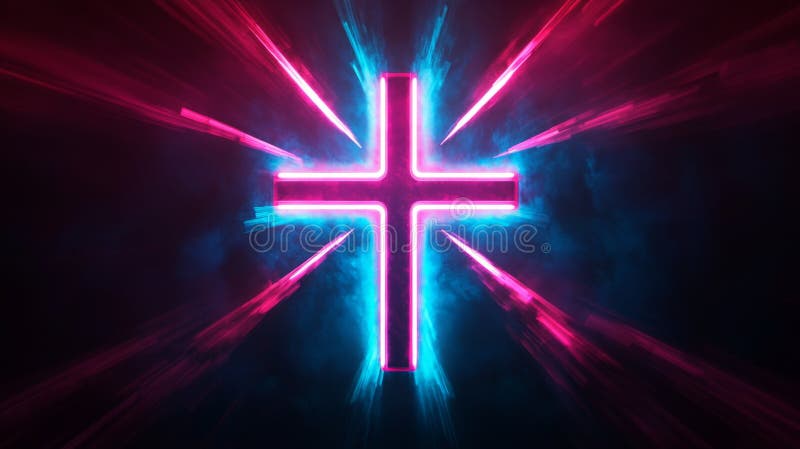 Neon Cross with Radiant Pink and Blue Light in Abstract Dark Background ...