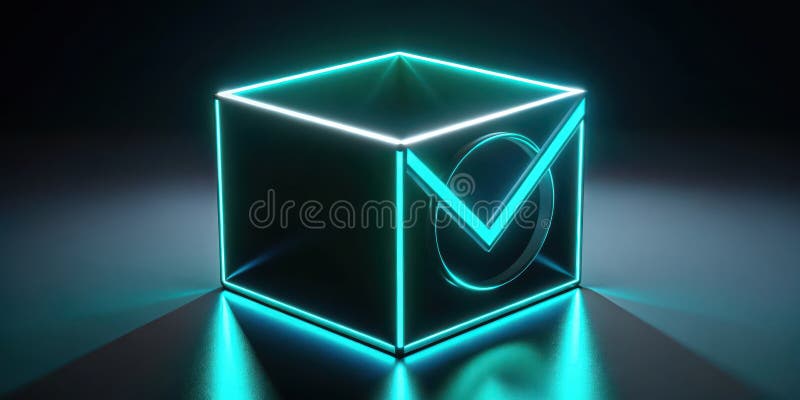 Neon Cube with Check Mark Successful Completion Concept. Generative AI Stock Illustration ...