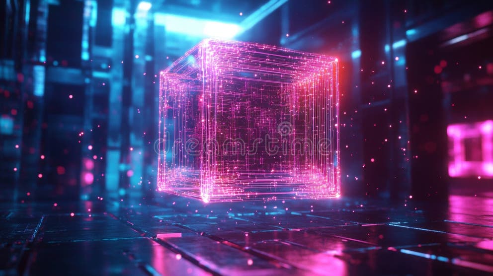 Neon Cube Digital Data Structure Hologram Stock Image - Image of neon ...