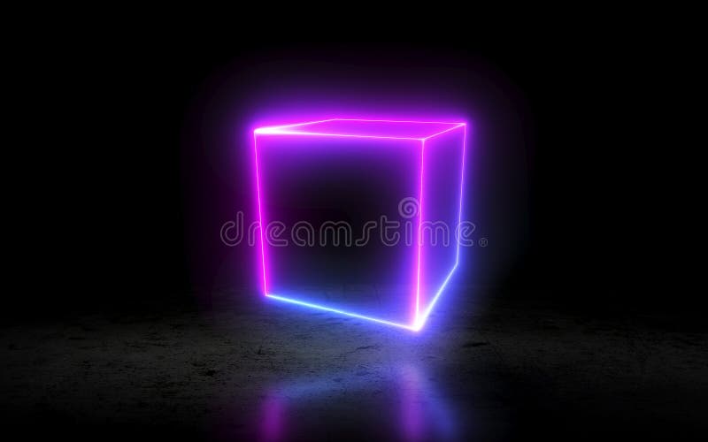 Neon Cube in Perspective with Lens Flare and Glowing Particles Stock ...