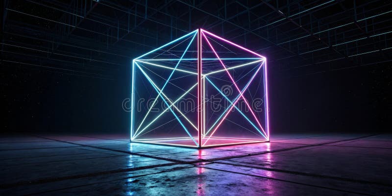 Neon Cube Structure in a Dark Industrial Setting. Generative AI Stock ...