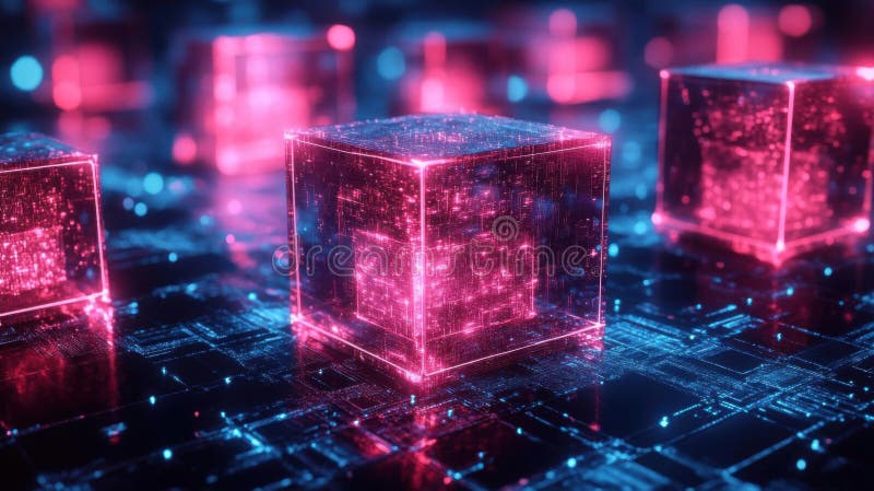 Neon Cubes Data Network Technology Background Stock Illustration ...