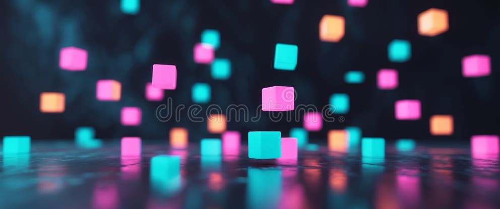 Neon Cubes Falling Dark Background Abstract Wallpaper. Stock Image ...