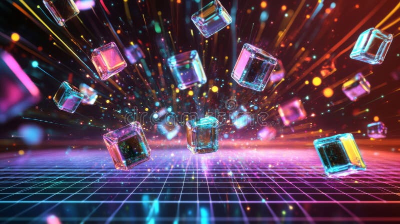 Neon Cubes Falling through Glittering Space Stock Illustration ...