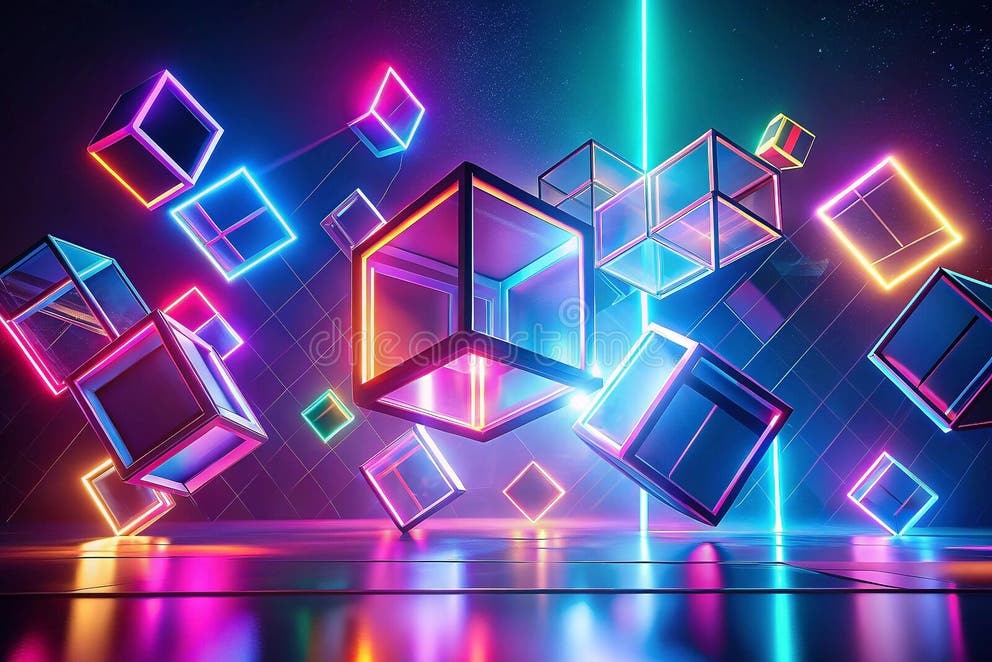 Neon Cubes Levitate in a Futuristic Space Stock Illustration ...