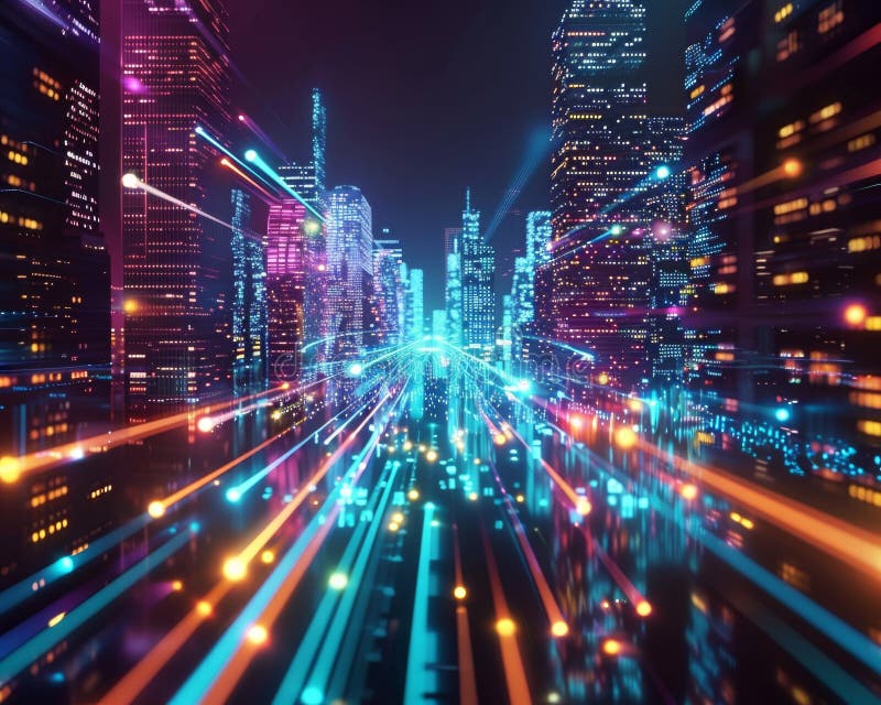 Neon Cyber Cityscape with Glowing Futuristic Rectangles in Motion Stock ...