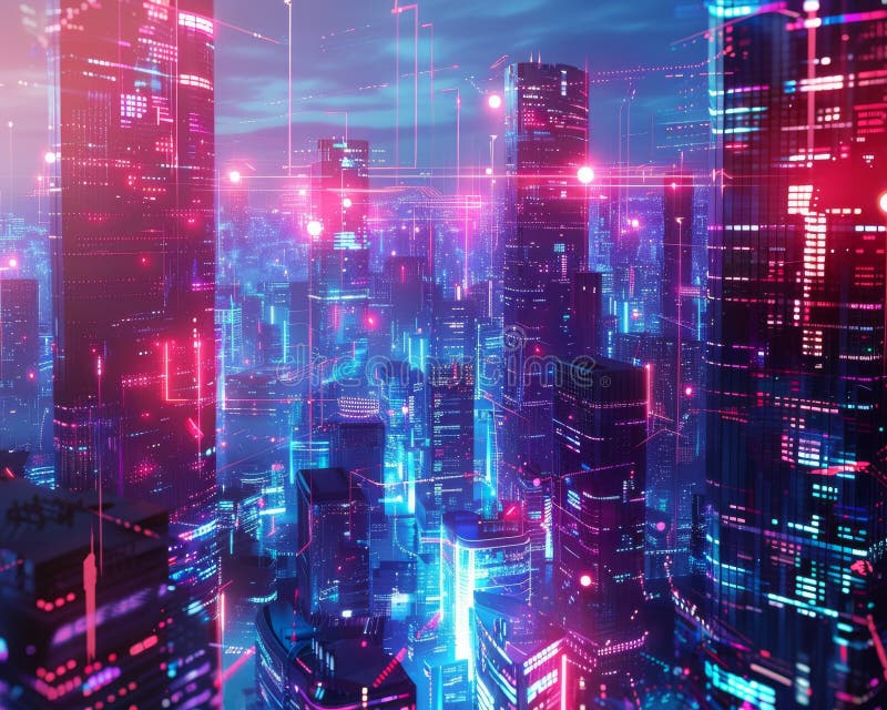 Neon Cyber Cityscape with Glowing Futuristic Rectangles in Motion Stock ...