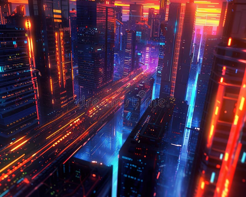 Neon Cyber Cityscape with Glowing Futuristic Rectangles in Motion Stock ...