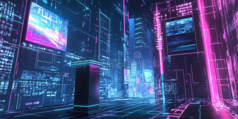A Neon Cyber Grid 3D Background Featuring a High-tech Podium Glowing ...