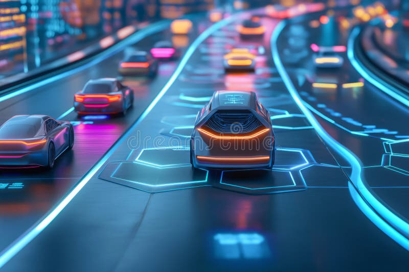 A Neon Cyber Highway Where Autonomous AI-driven Vehicles Navigate ...