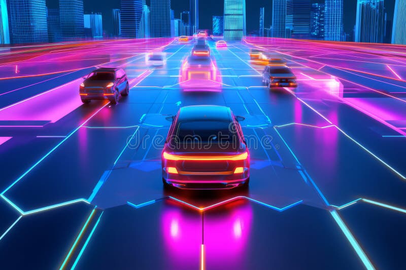 A Neon Cyber Highway Where Autonomous AI-driven Vehicles Navigate ...