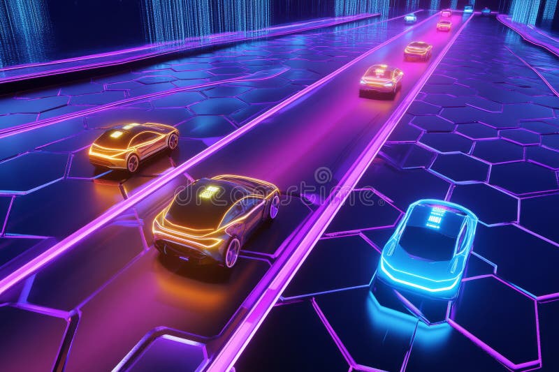 A Neon Cyber Highway Where Autonomous AI-driven Vehicles Navigate ...