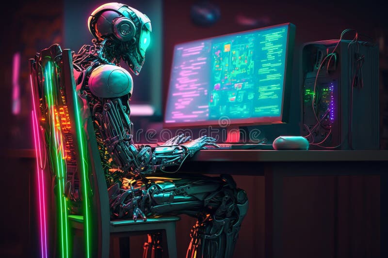 Neon Cyber Robot Working Computer Workplace Illustration Generative AI ...