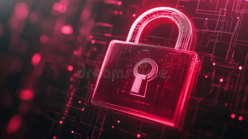 Neon Cyber Security Padlock Icon on Red Technology Background. Data ...