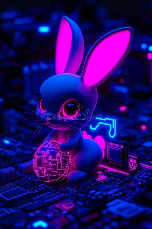 Neon Cyberpunk Bunny Holding Glowing Digital Egg Stock Illustration ...