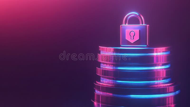 Neon Cyberpunk Lock Icon on Stacked Currency Rings for Digital Security ...