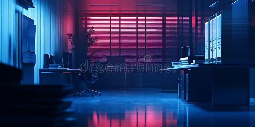 Neon Cyberpunk Office Interior: Futuristic Workspace Background Stock ...