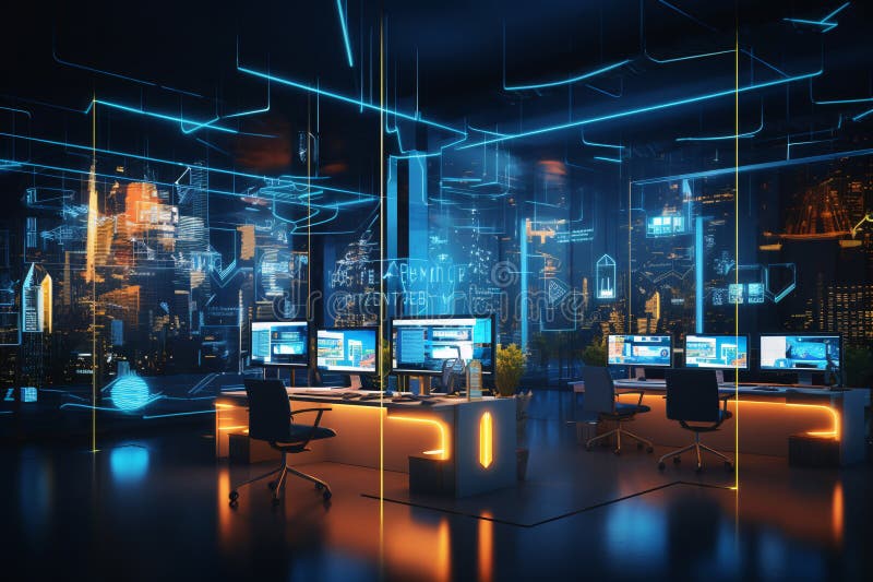Neon Cyberpunk Open Space Office Interior, Modern it Concept Stock ...