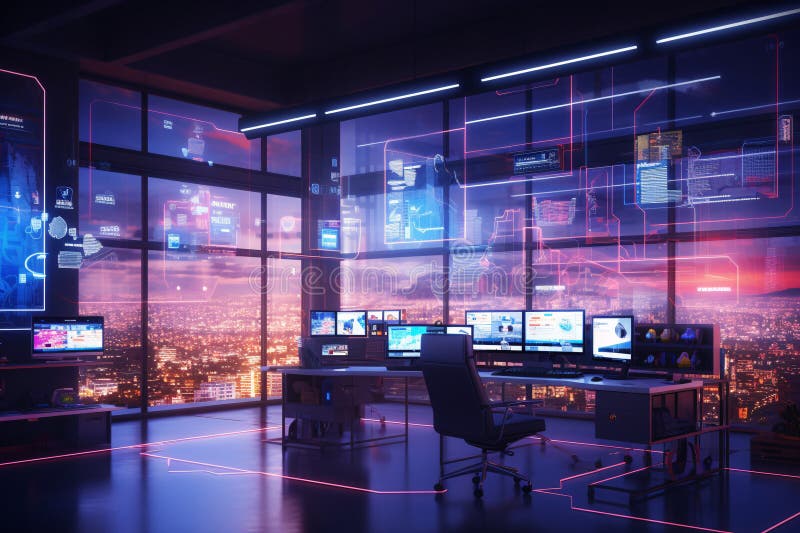 Neon Cyberpunk Open Space Office Interior, Modern it Concept Stock ...
