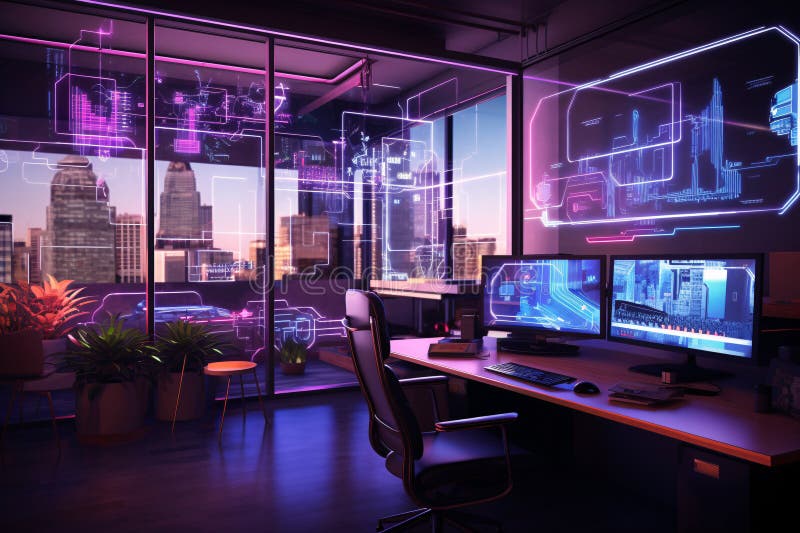 Neon Cyberpunk Open Space Office Interior, Modern it Concept Stock ...