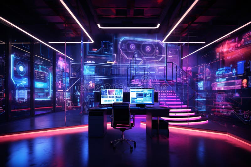 Neon Cyberpunk Open Space Office Interior, Modern it Concept Stock ...