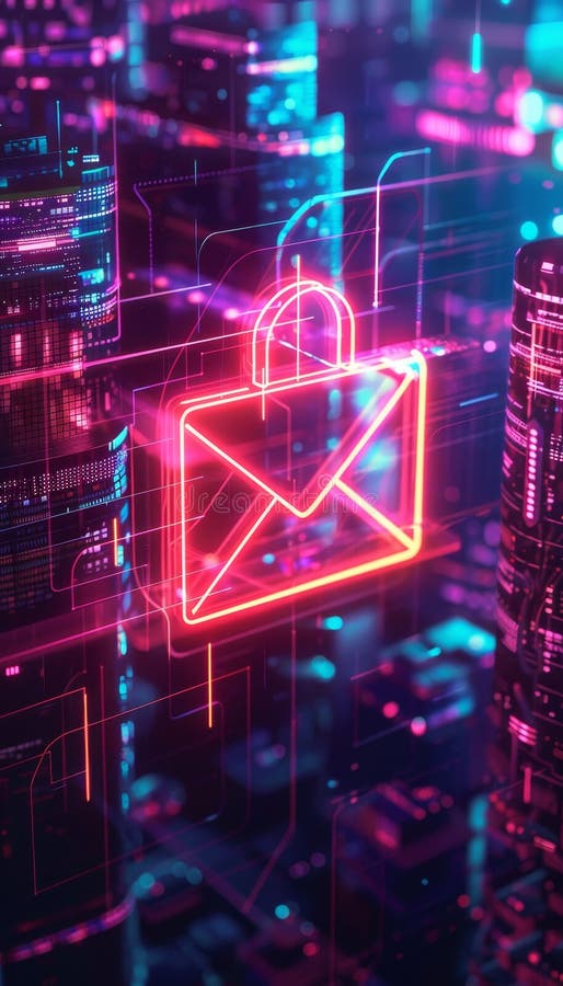 Neon Cybersecurity Encrypted Email with Padlock Symbol on Digital ...