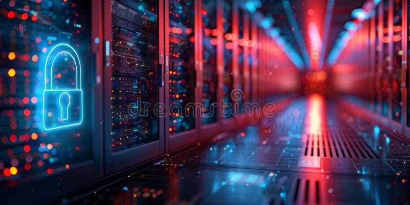 Neon Cybersecurity Lock Symbol in Futuristic Data Center with Glowing ...