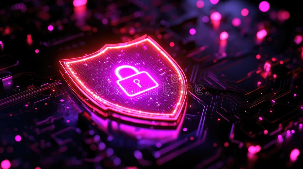 Neon Cybersecurity Shield on Circuit Board: Digital Security and Technology Concept Stock Photo ...