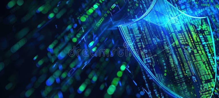 Neon Cybersecurity Shield Concept with Pixelated Data Streams and ...