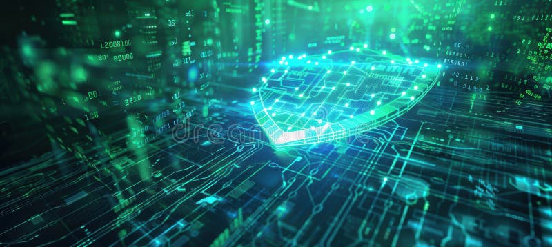 Neon Cybersecurity Shield Concept with Pixelated Data Streams and ...