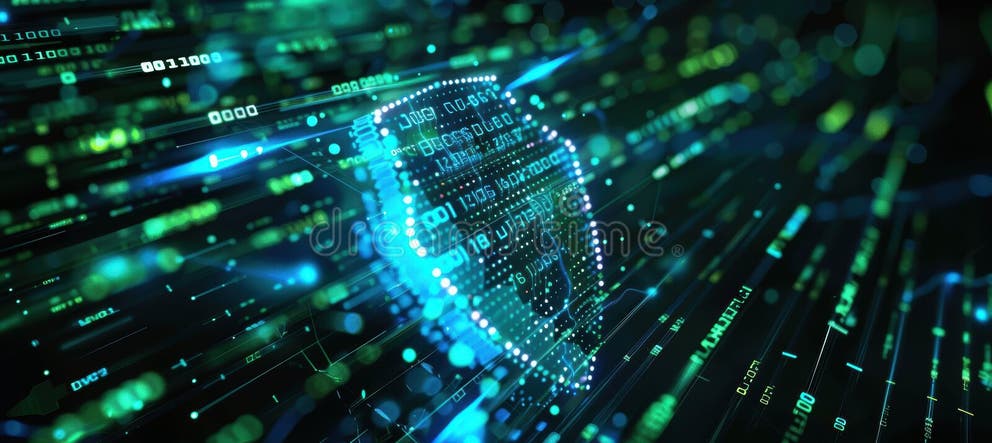 Neon Cybersecurity Shield Concept with Pixelated Data Streams and Floating Binary Code Stock ...