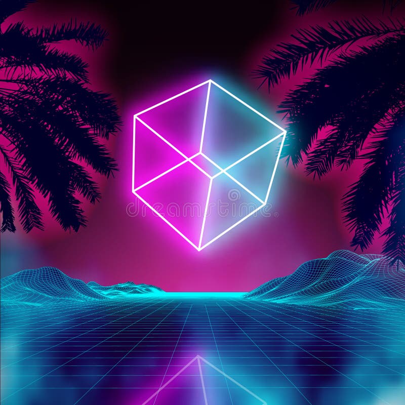 Neon 3d Cube on Retro Background Landscape. Glowing Cube Cosmos Poster ...