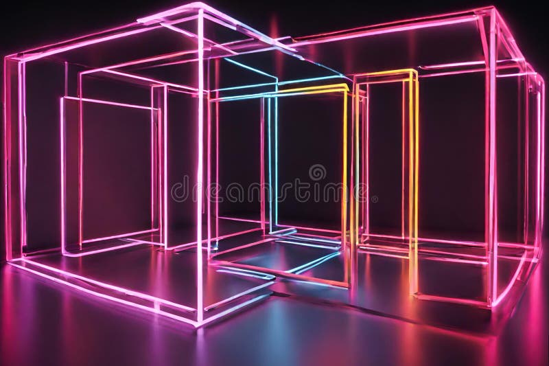 Neon 3D Image of Cube Glass Neon Metallic in a Dark Studio Stock ...