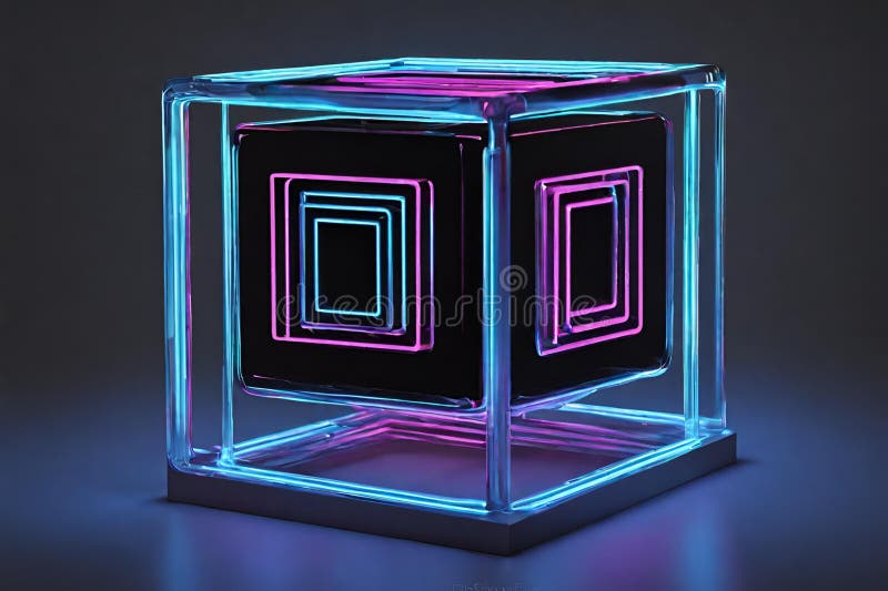 Neon 3D Image of Cube Glass Neon Metallic in a Dark Studio Stock ...