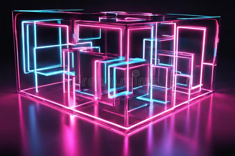 Neon 3D Image of Cube Glass Neon Metallic in a Dark Studio Stock ...