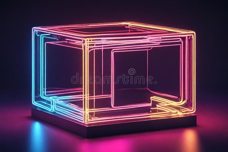 Neon 3D Image of Cube Glass Neon Metallic in a Dark Studio Stock ...