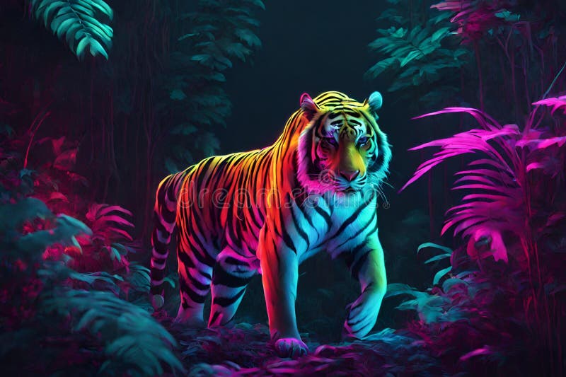 Neon 3D Image of Tiger in Jungle Stock Illustration - Illustration of ...