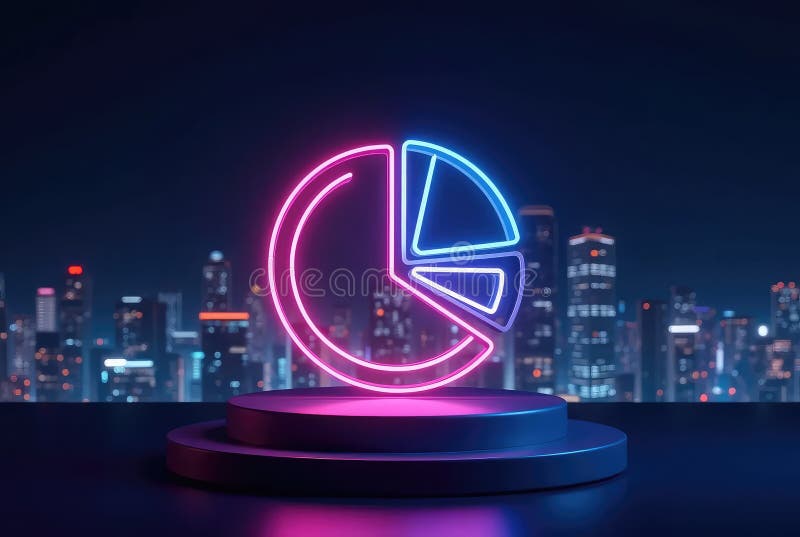Neon 3D Pie Chart on Glass Platform with Night Skyline Background Stock ...