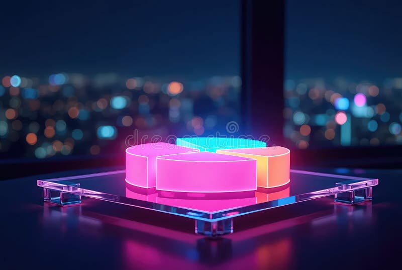 Neon 3D Pie Chart on Glass Platform with Night Skyline Background Stock ...