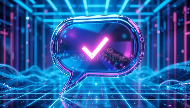 Neon 3D Speech Bubble with Glowing Tick in Digital Space Stock ...