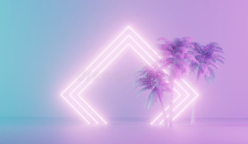 Neon Da Moda Moderna Brilhando Luz Com Palmeiras Tropicais 3d ...