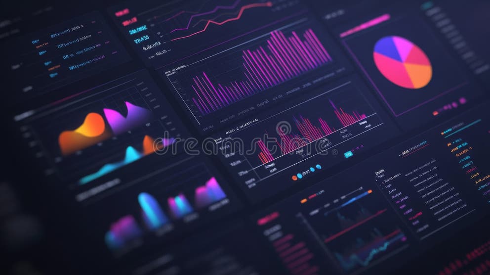 Neon Data Analytics Dashboard Display on Dark Screen Stock Illustration ...