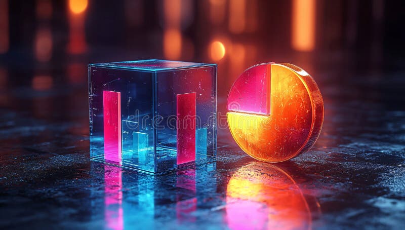 Neon Data Charts 3D Glass Cube Pie Chart Business Analytics AI ...