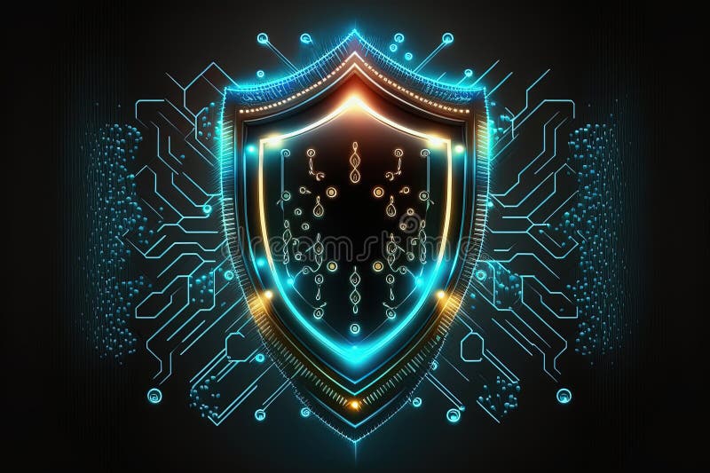 Neon Data with Security Shield. Concept of Protection, Cyper Safety. AI ...