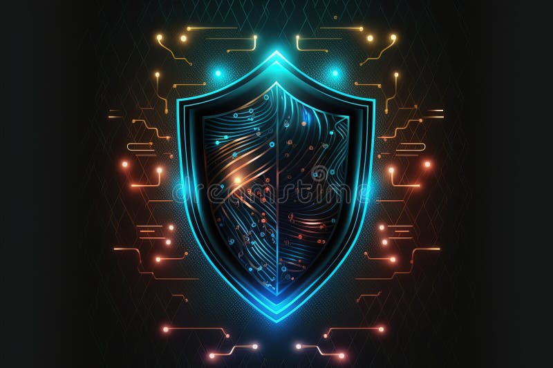 Neon Data with Security Shield. Concept of Protection, Cyper Safety. AI ...
