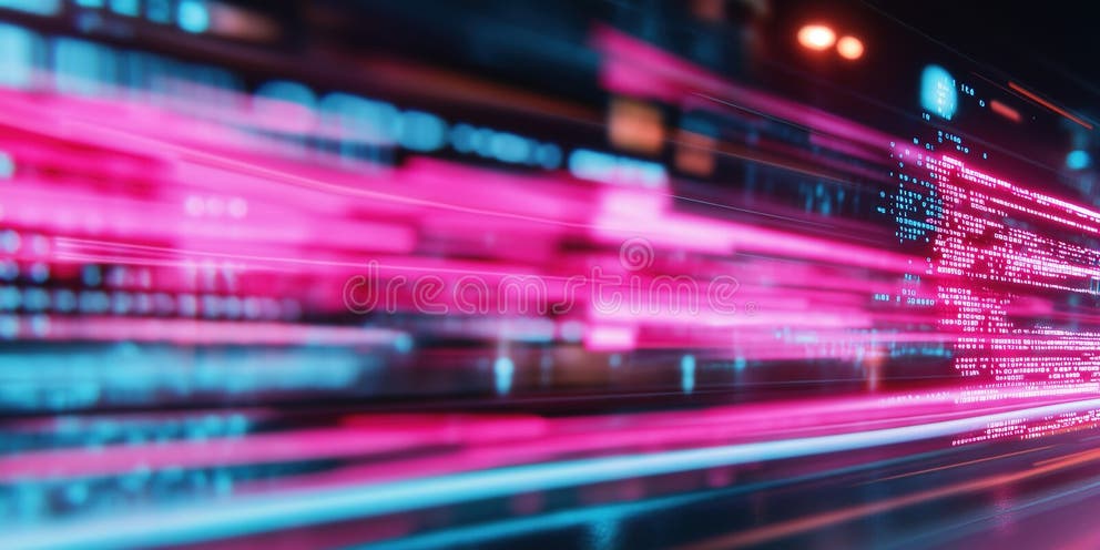 Neon Data Stream with Motion Blur and Binary Code Stock Illustration - Illustration of transfer ...