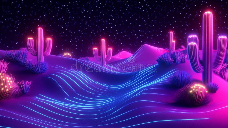 Neon Desert Landscape at Night with Glowing Cacti Stock Illustration ...