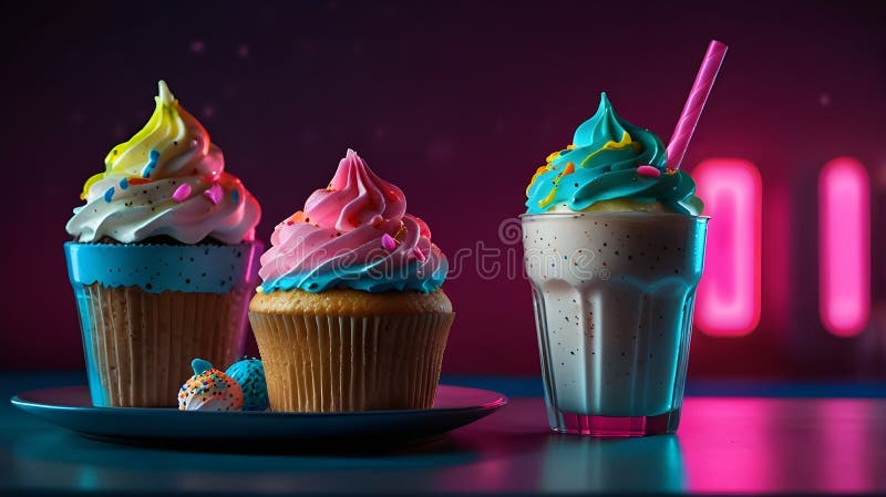A Neon Dessert-themed Background with Glowing Cupcakes and Milkshakes ...