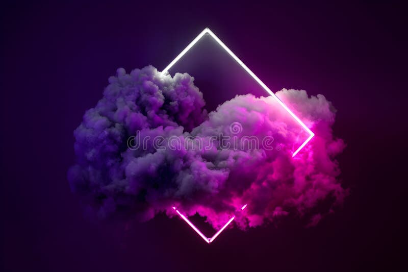 Neon Diamond Frame Glows Against Purple Backdrop, Illuminated Clouds ...